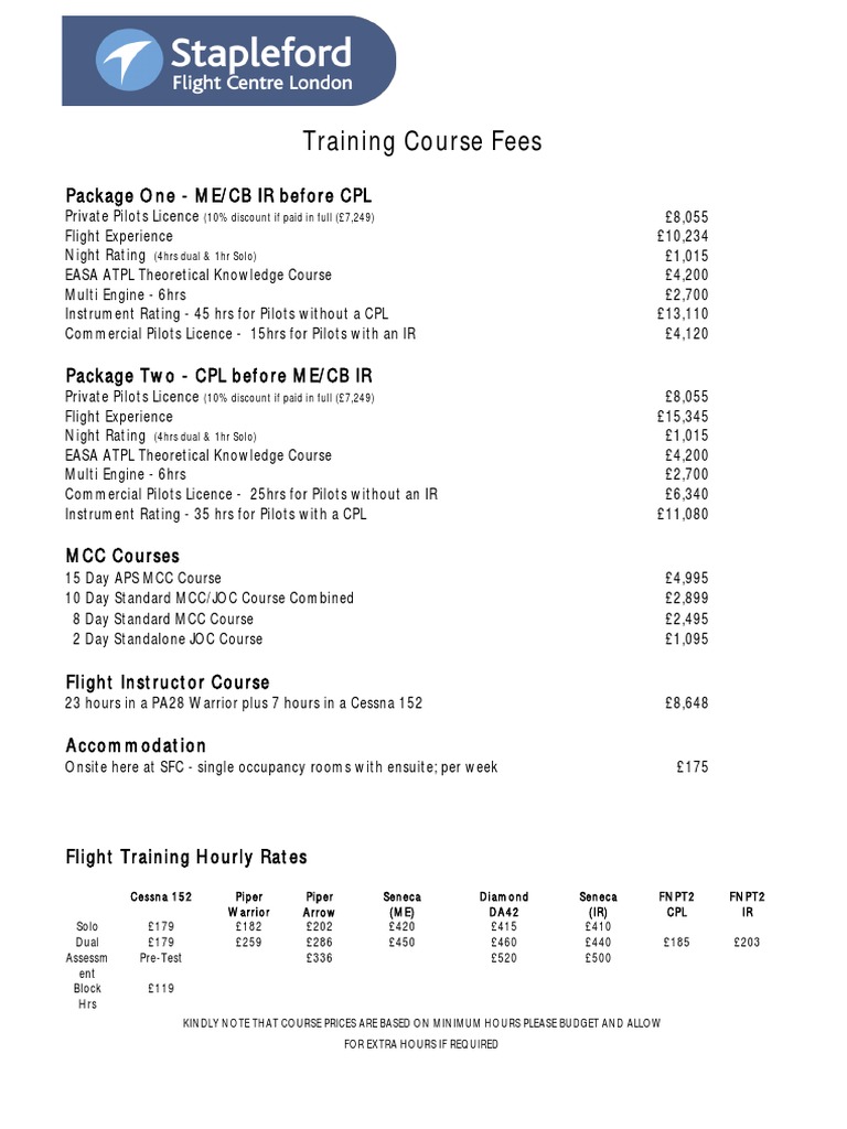 Training Course Fees: Package One - ME/CB IR Before CPL | PDF ...