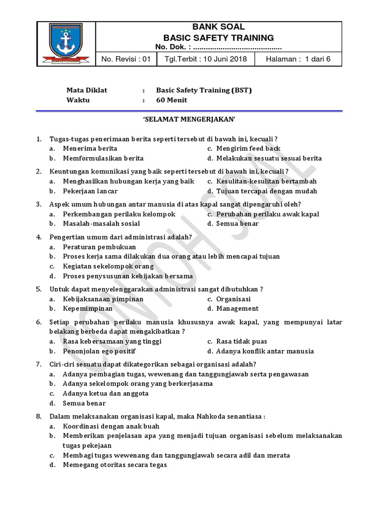 Judul yang tepat untuk dokumen tersebut adalah: "BANK SOAL UJIAN BASIC SAFETY TRAINING | PDF