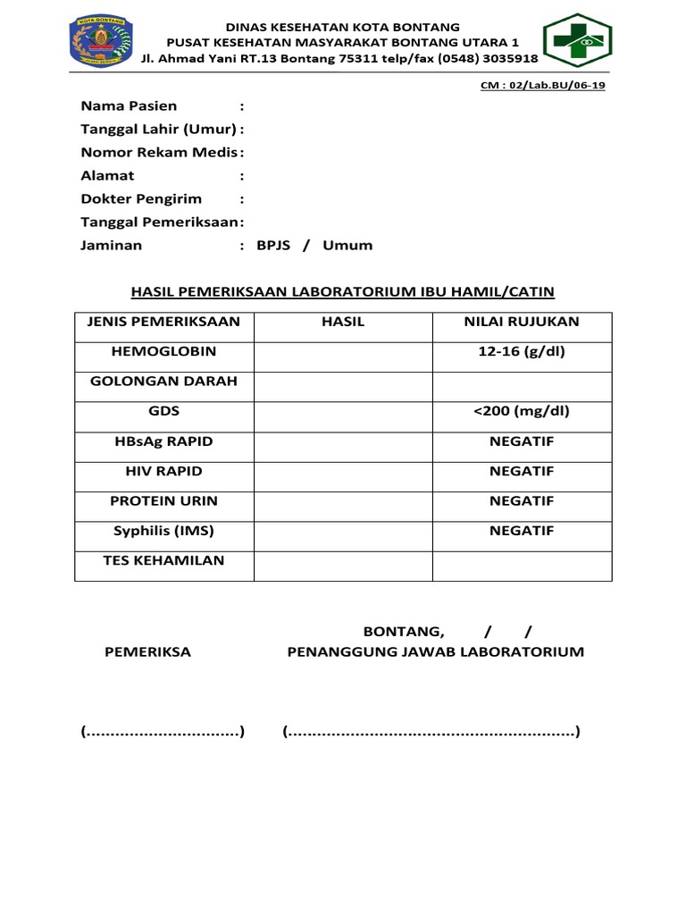 Hasil Pemeriksaan Lab Bumil Catin | PDF