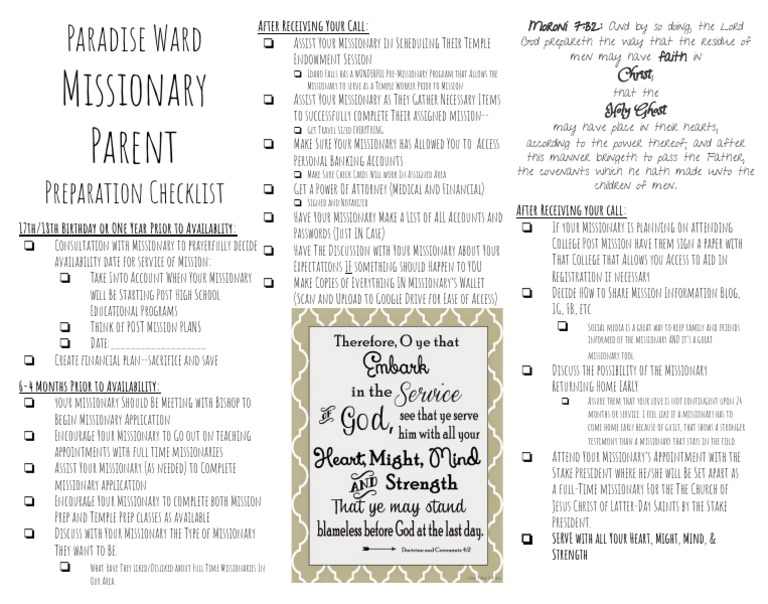 Missionary Preparation Checklist For Parents | PDF | Missionary (Lds ...