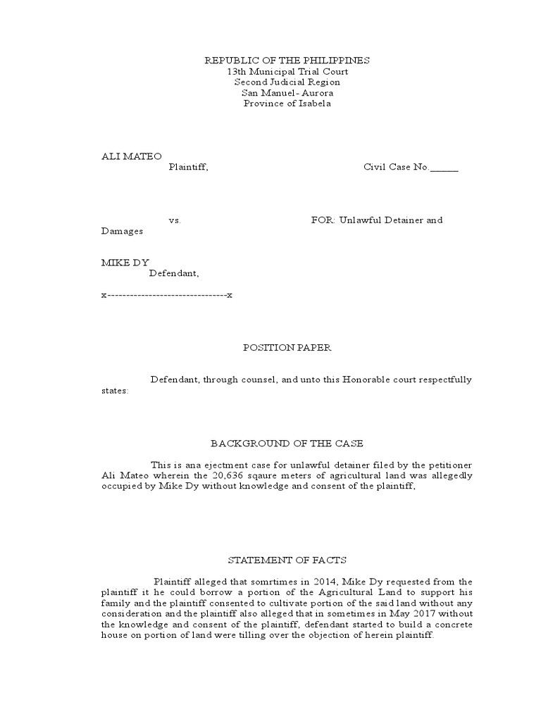 Position Paper Unlawful Detainer - Odt | PDF | Cause Of Action | Evidence