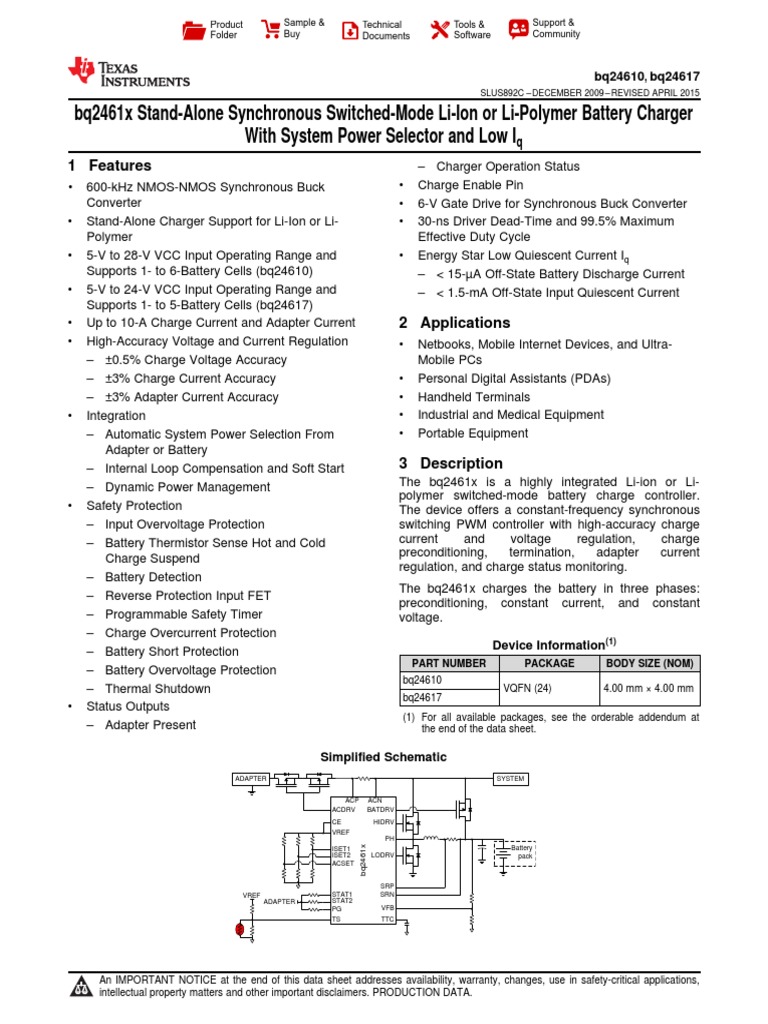 bq2461x Stand-Alone Synchronous Switched-Mode Li-Ion or Li-Polymer ...