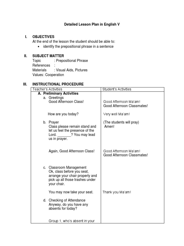Detailed Lesson Plan in English V | PDF | Preposition And Postposition | Noun