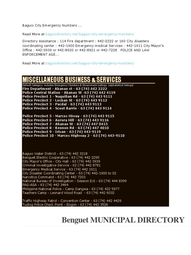 Baguio City Emergency Numbers | Download Free PDF | Police | Government ...