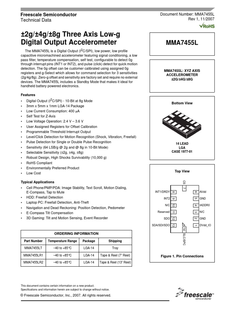 2g/ 4g/ 8g Three Axis Low-G Digital Output Accelerometer: MMA7455L | PDF | Electrostatic ...