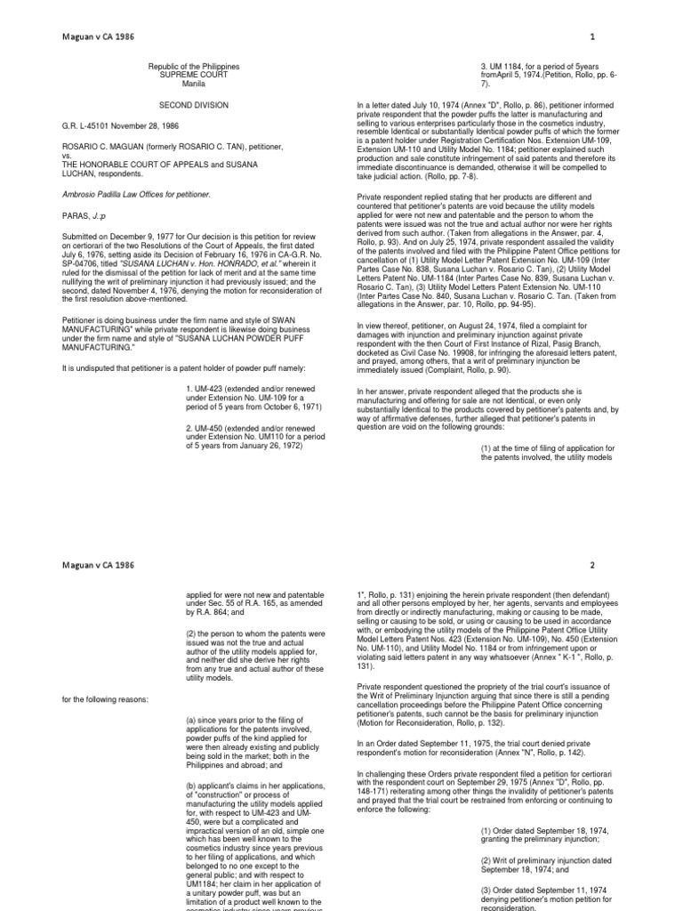 Maguan V CA 1986 - Patent Novelty | PDF | Patent Application | Patent