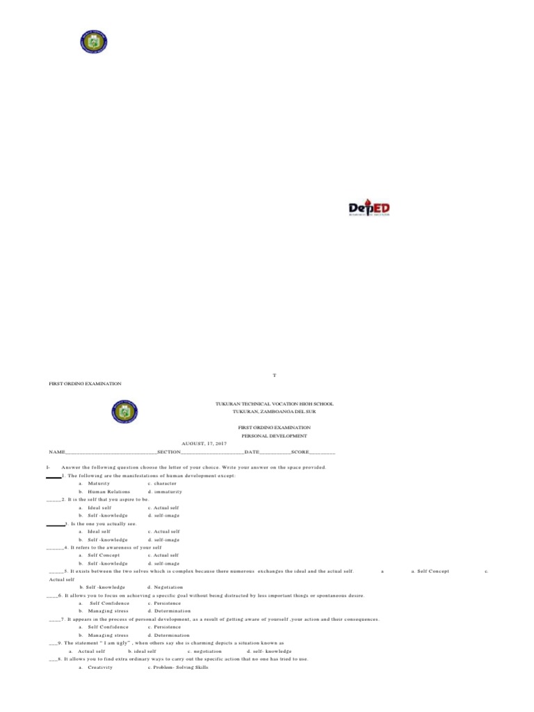 1st Grading Exam Personal Development | PDF | Adolescence | Metaphysics ...