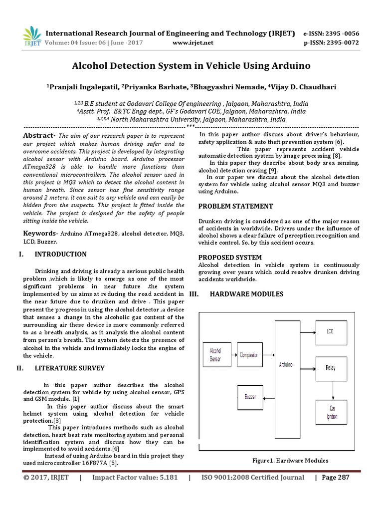 Alcohol Detection System in Vehicle Using Arduino PDF | PDF | Liquid Crystal Display | Arduino