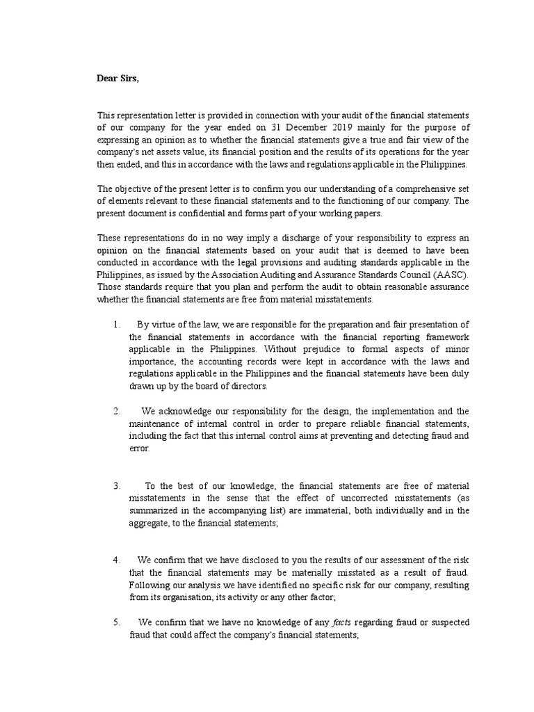 Sample Management Rep Letter | PDF | Audit | Financial Statement