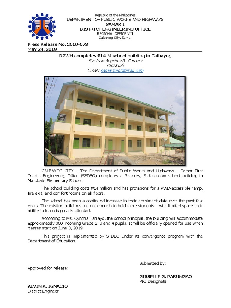 PR 73 (DPWH Completes 14-M School Building in Calbayog) | PDF