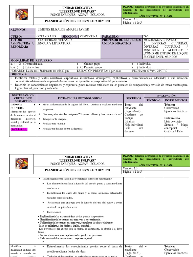 1er Plan de Refuerzo 8vo Lyl | PDF | Aprendizaje | Evaluación