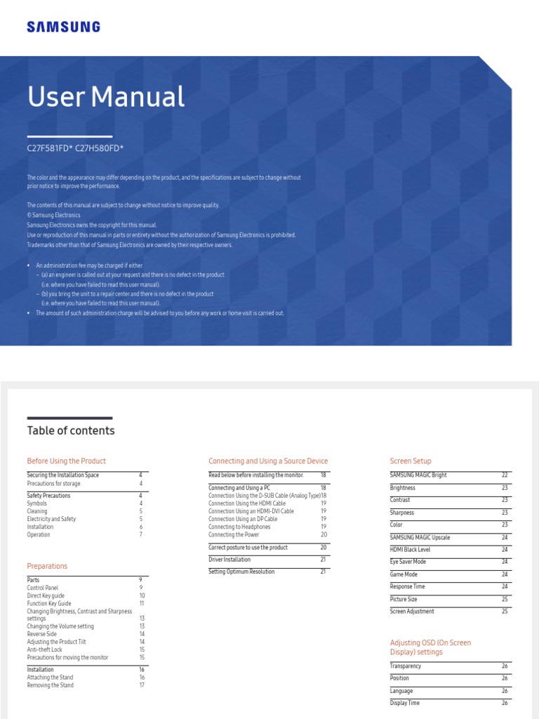 User Manual: C27F581FD C27H580FD | PDF | Computer Monitor | Hdmi