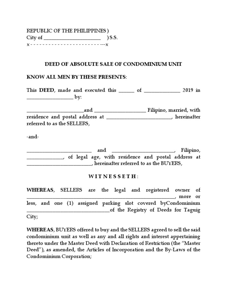 Deed of Absolute Sale of Condominium Unit Know All Men by These Presents | PDF | Condominium | Deed