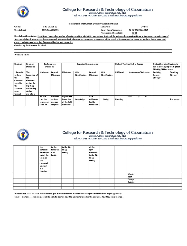 Classroom Instruction Delivery Alignment Map CIDAM | PDF | Universe ...