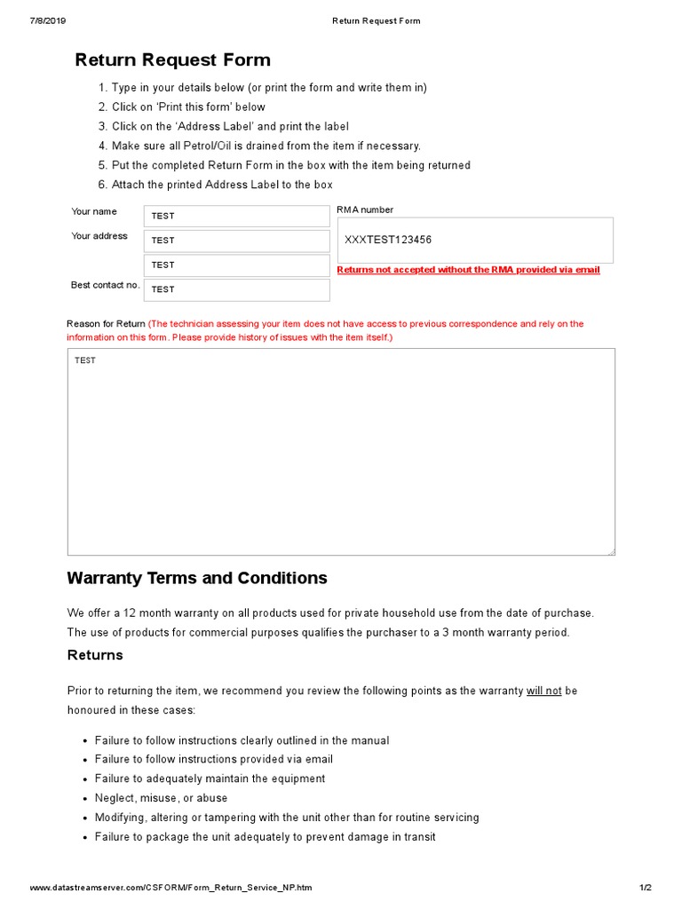 Return Request Form | Download Free PDF | Business