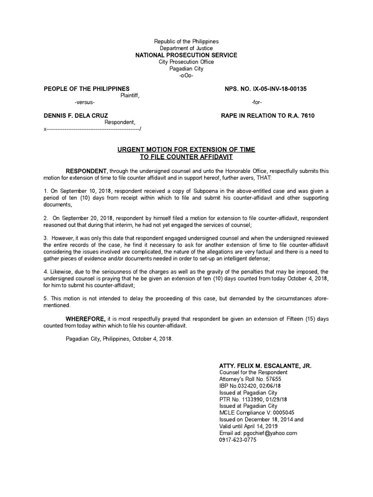 Motion for Extension to File Counter Affidavit | PDF | Legal Procedure ...