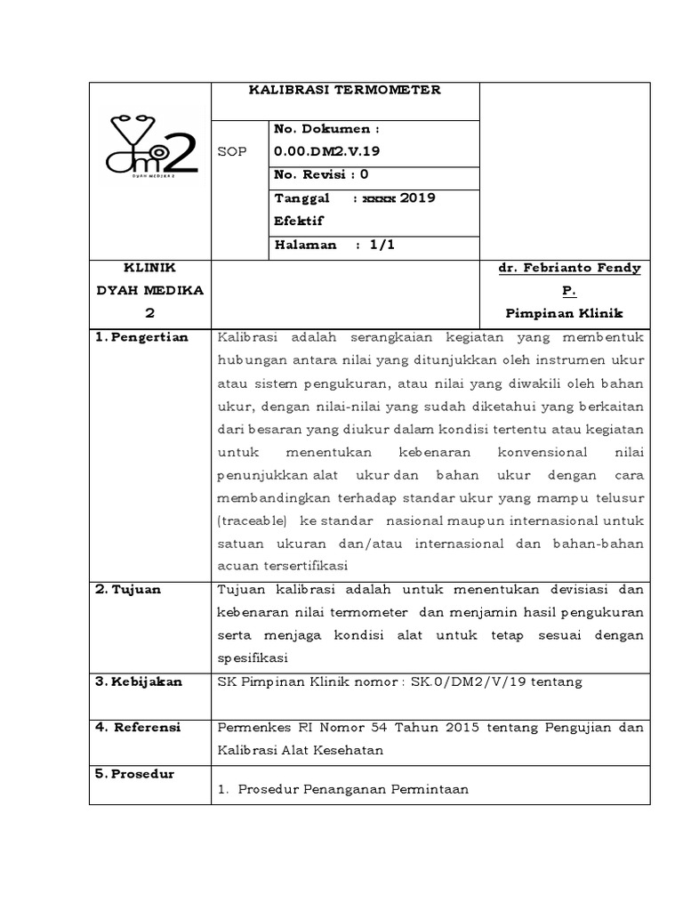 STANDAR OPERASIONAL PROSEDUR KALIBRASI TERMOMETER DI KLINIK | PDF