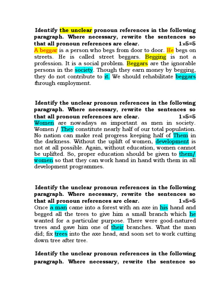 Identify The Unclear Pronoun References in The Following Paragraph ...