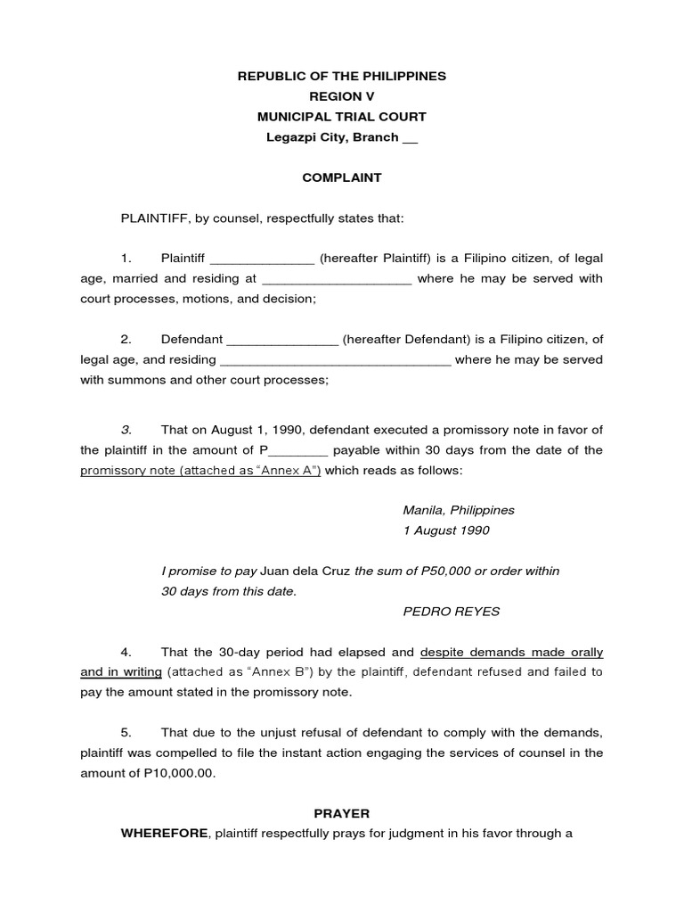 Complaint For Collection of Sum of Money | PDF