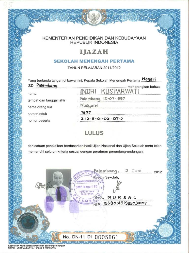 Ijazah SMP Indri PDF | PDF