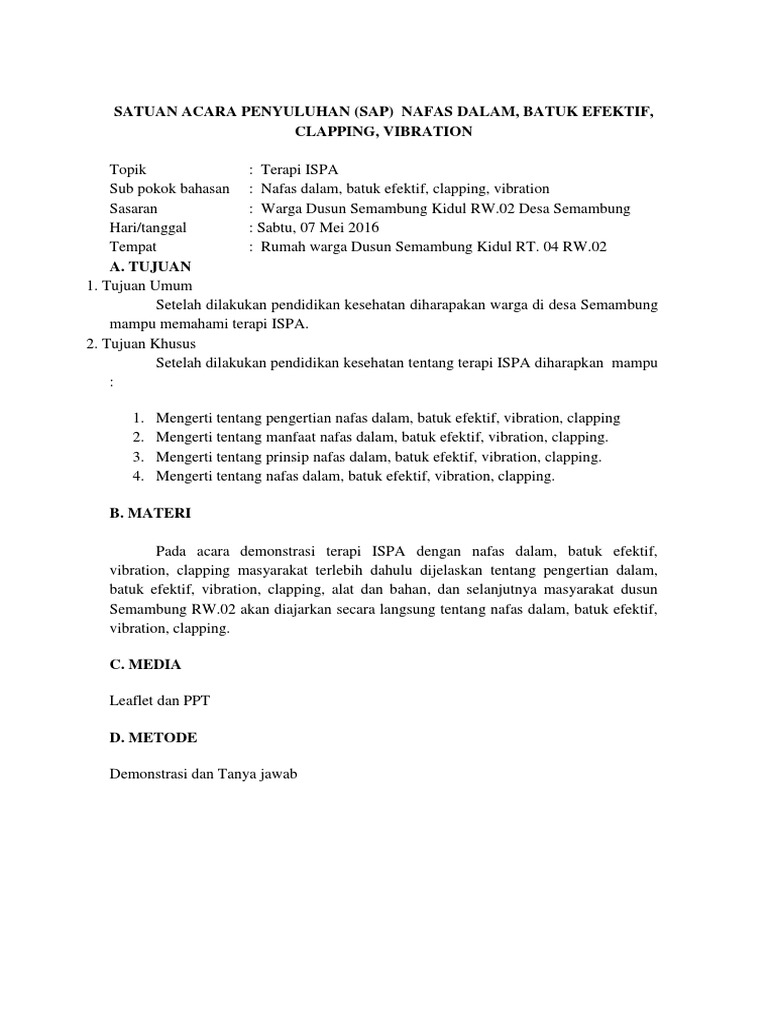 Satuan Acara Penyuluhan (Sap) Nafas Dalam, Batuk Efektif, Clapping, Vibration | PDF