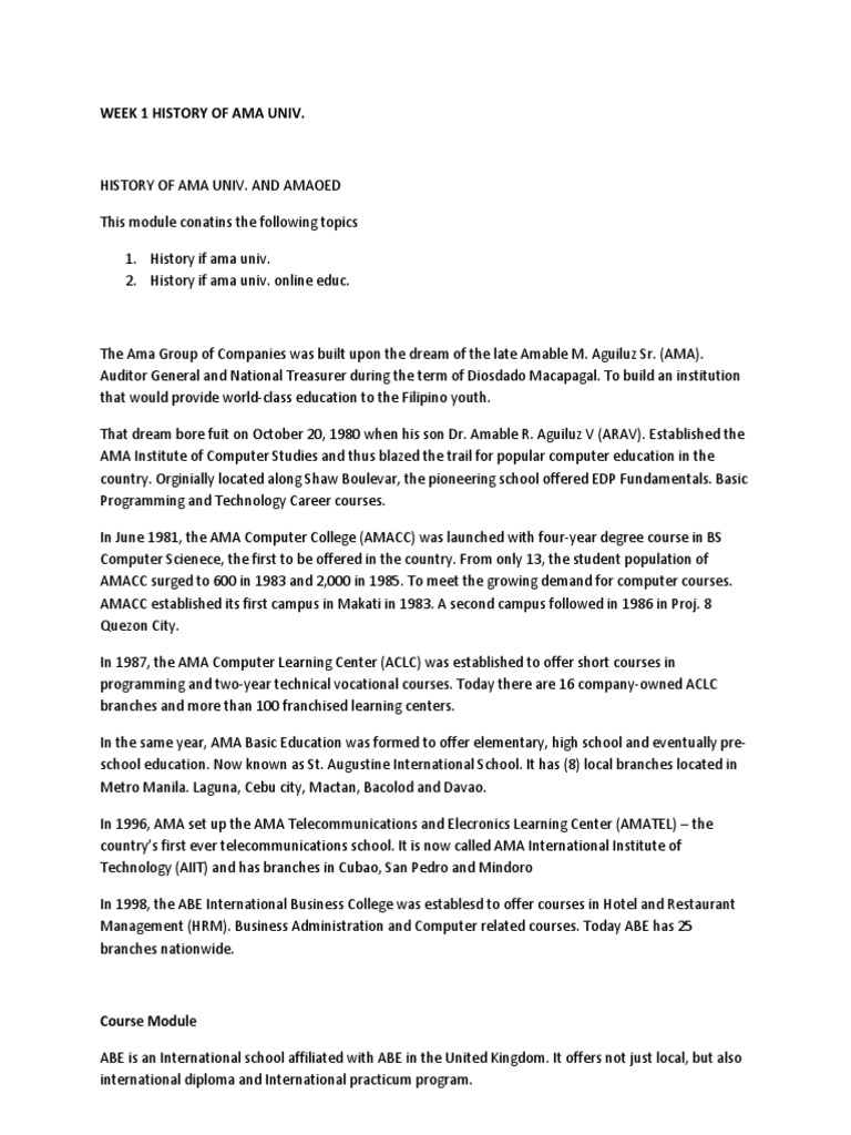 Week 1 History of Ama Univ. | PDF | Distance Education | Educational Stages