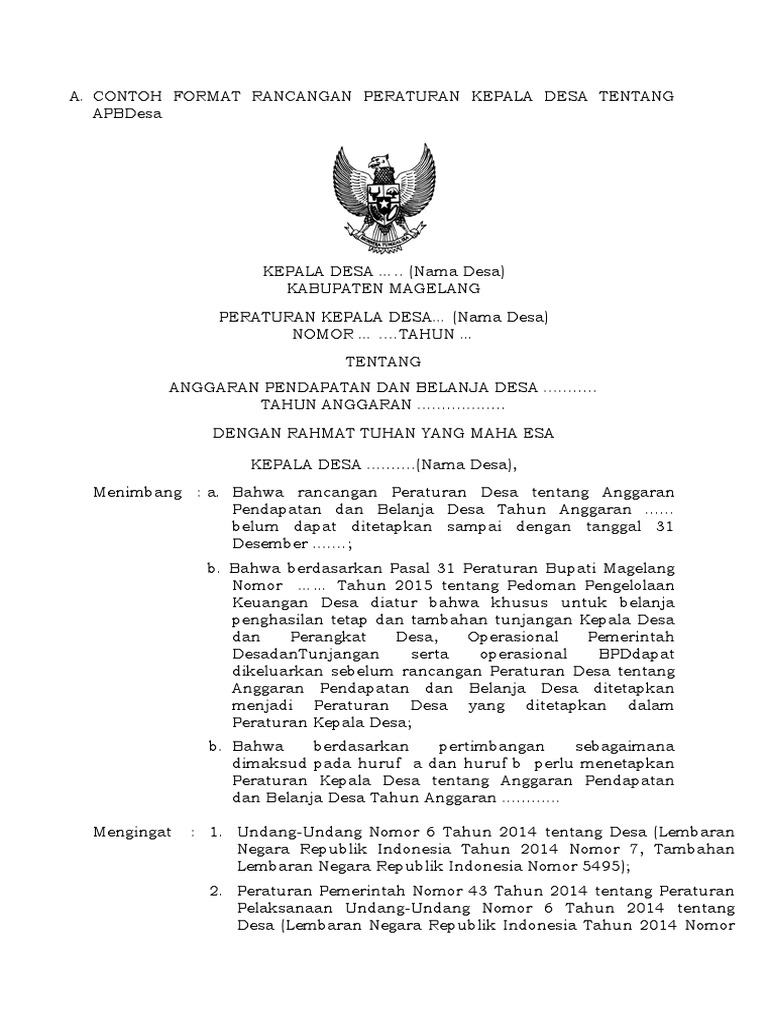 Contoh Format Rancangan Peraturan Kepala Desa Tentang Apbdesa | PDF ...