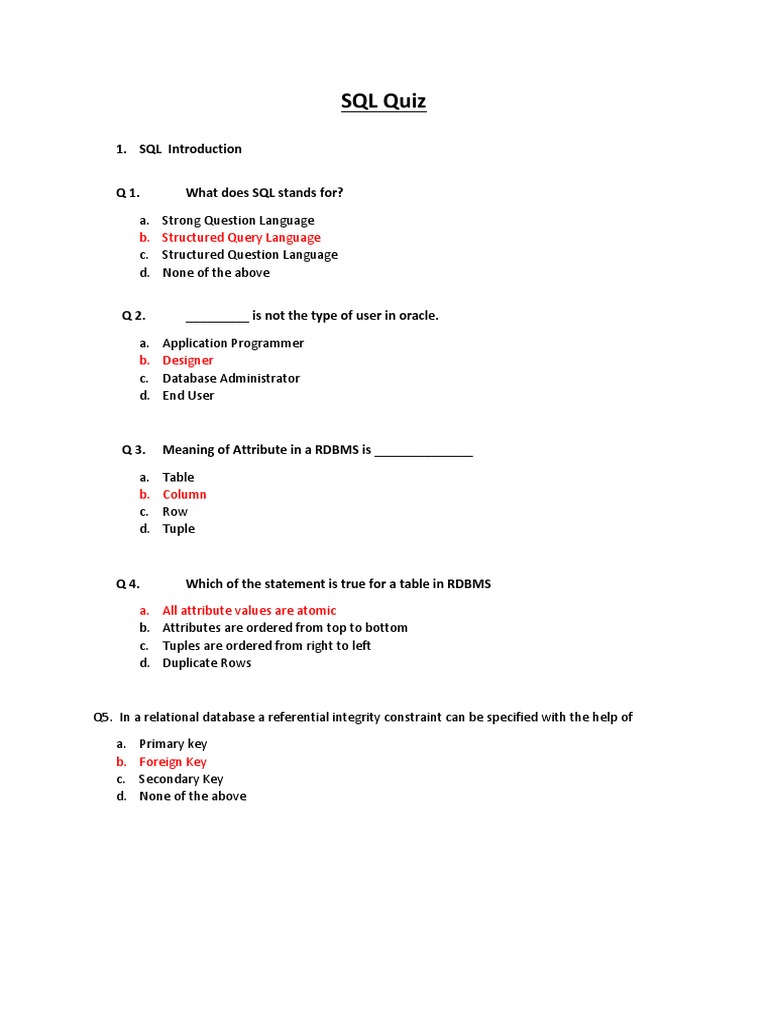SQL Quiz | PDF | Relational Database | Sql