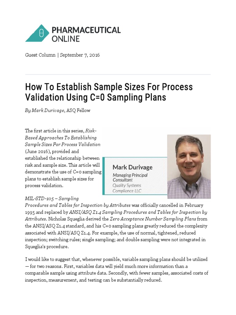 How To Establish Sample Sizes For Process Validation Using C0 Sampling Plans PDF | PDF ...