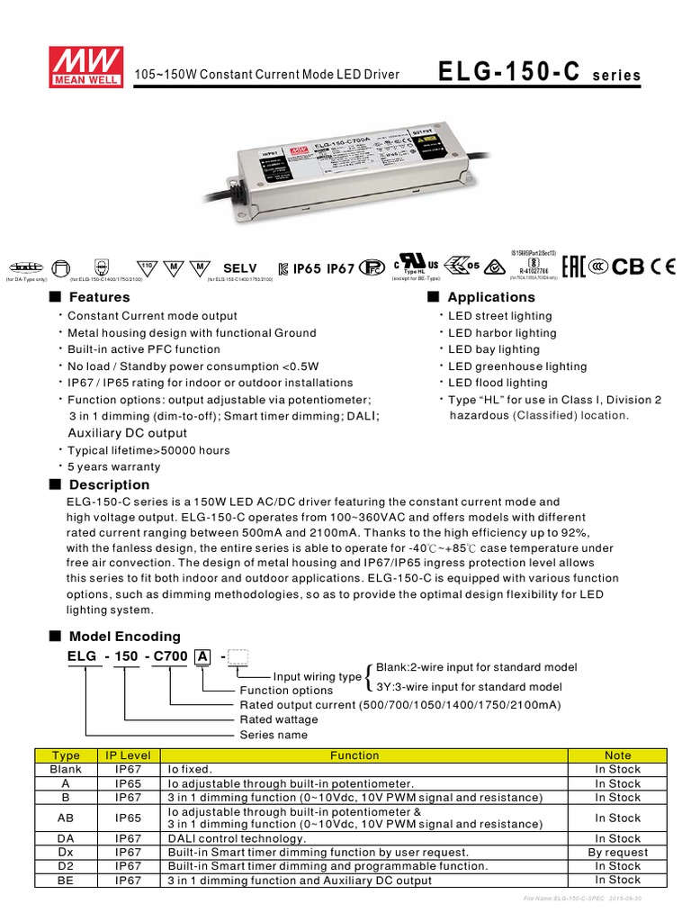 E L G - 1 5 0 - C: 105 150W Constant Current Mode LED Driver | PDF | Light Emitting Diode ...