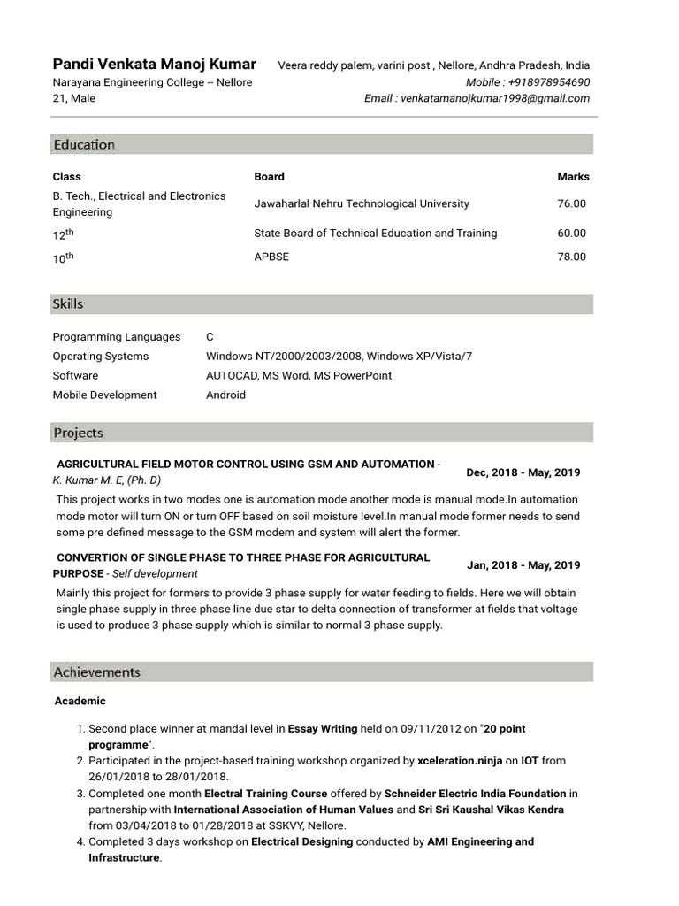 Resume of Pandi Venkata Manoj Kumar - New | PDF | Electrical Engineering | Computing