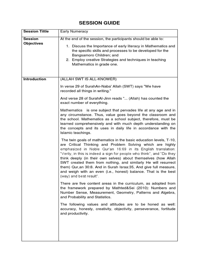 Session Guide: Session Tittle Session Objectives | PDF | Teaching ...