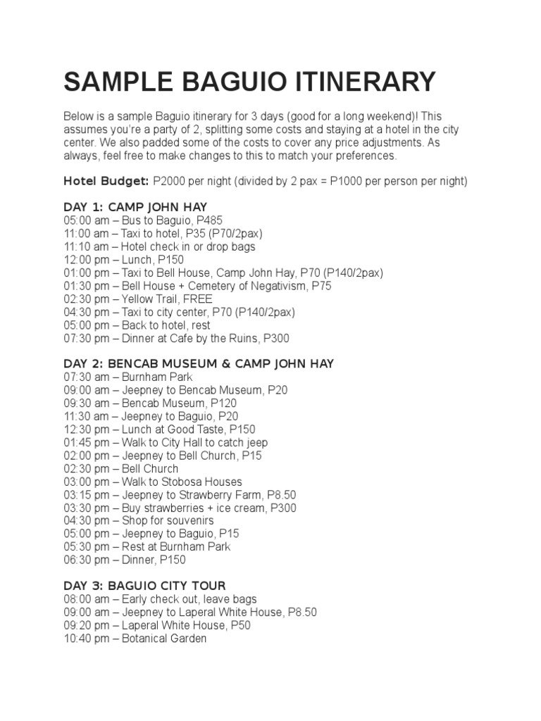 Sample Baguio Itinerary | PDF