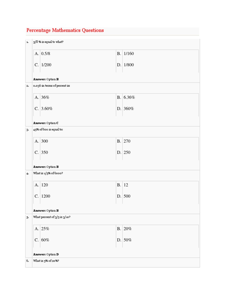 Grade 6 Percentage Math Questions | PDF | Percentage | Learning