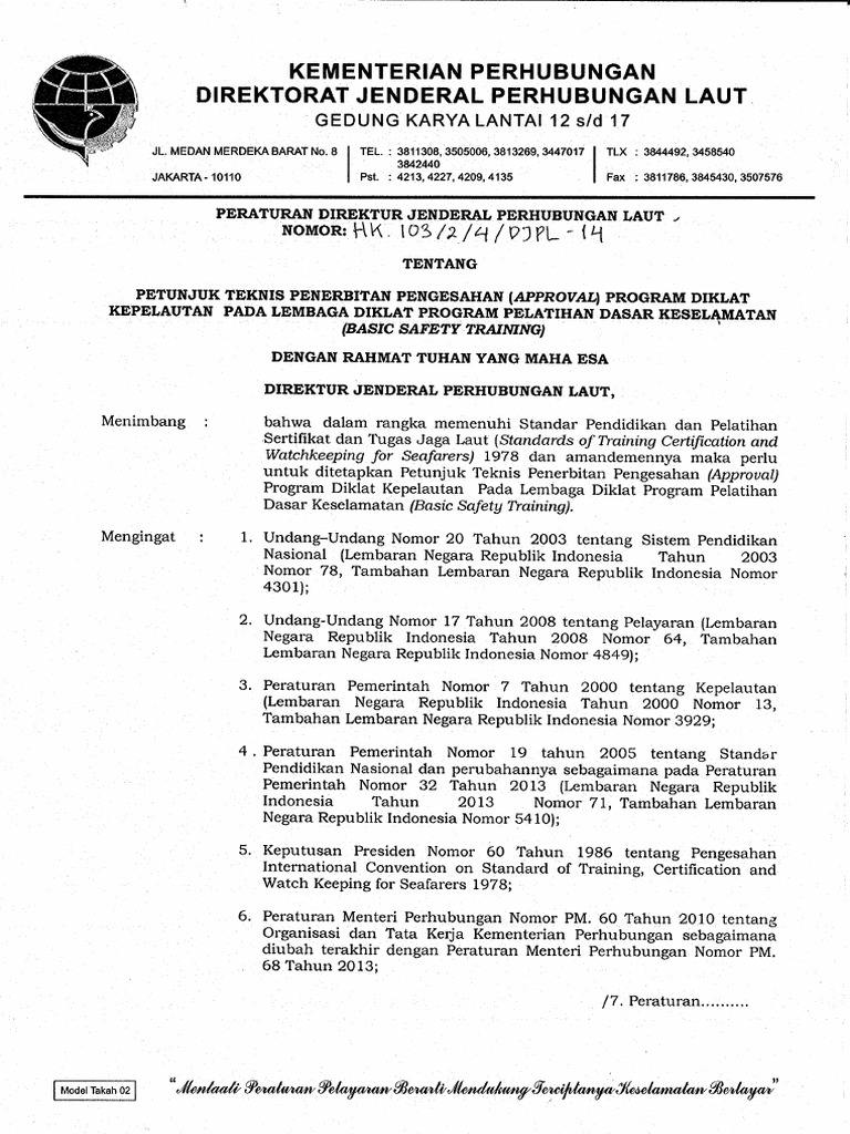 Hk. 103-2-4-Djpl-14 Tentang Petunjuk Teknis Penerbitan Pengesahan (Approval) Program Diklat ...