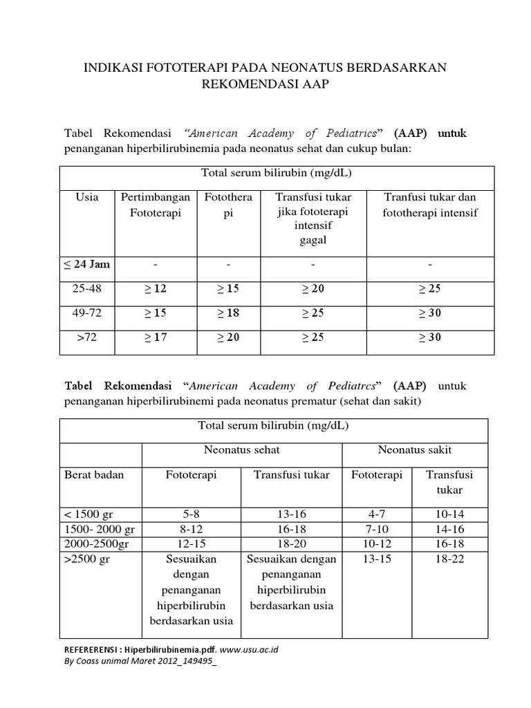 Indikasi Fototerapi Pada Neonatus Berdasarkan Rekomendasi Aap | PDF