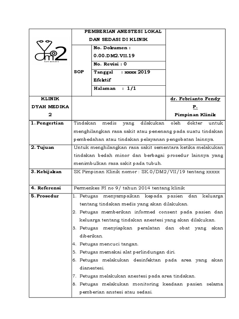 3 SOP Pemberian Anastesi Lokal Dan Sdasi Di Klinik | PDF