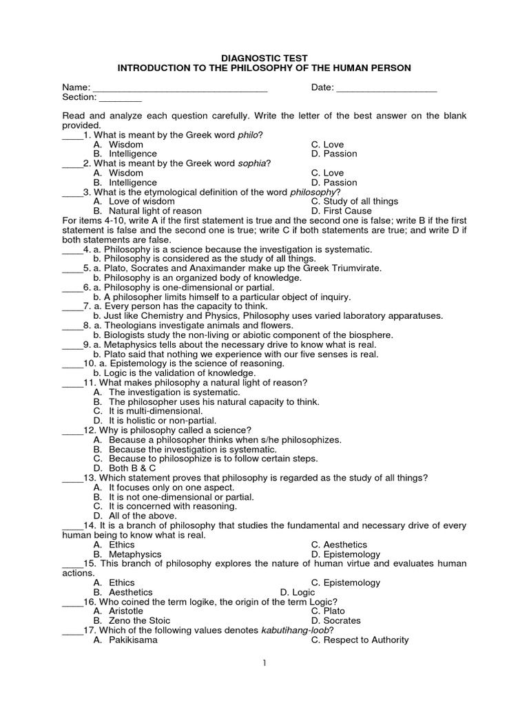 Diagnostic Test Introduction To The Philosophy of The Human Person ...