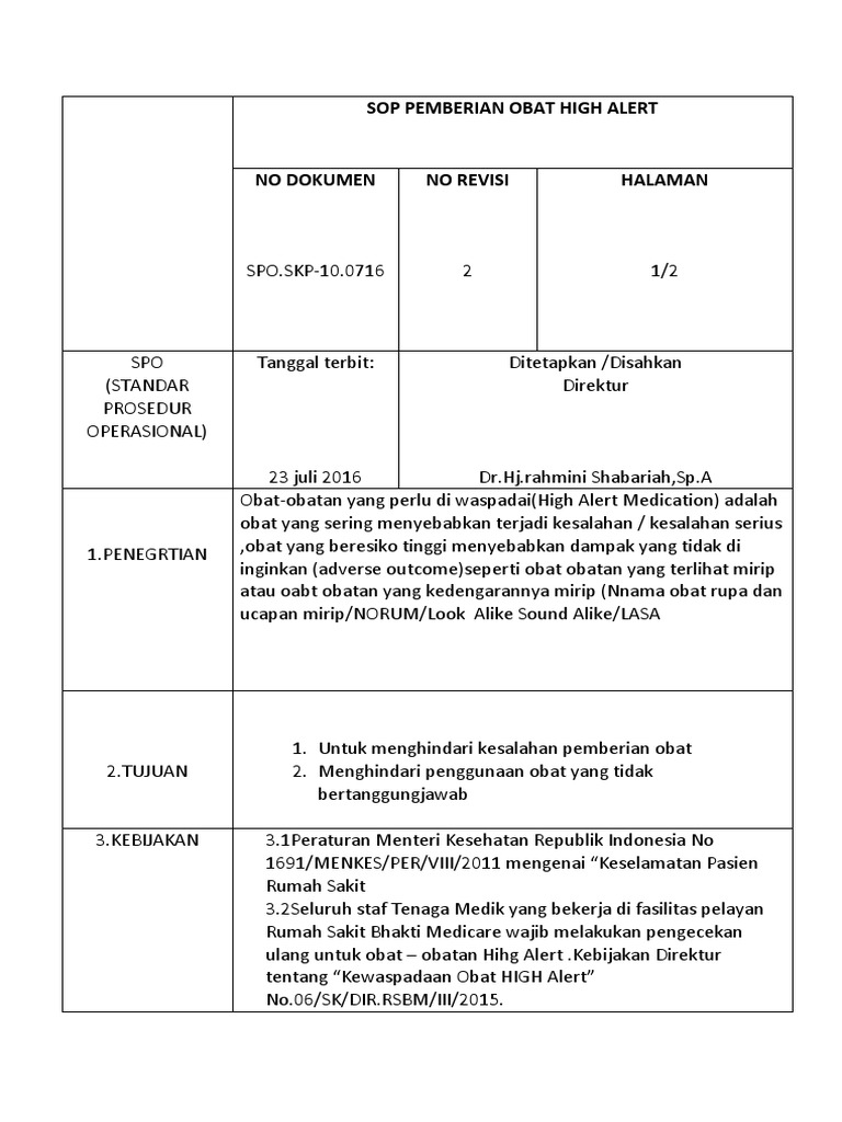 Sop Pemberian Obat High Alert | PDF