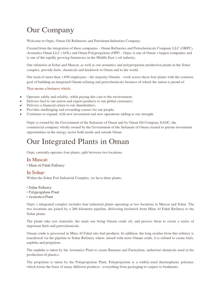 Our Company Orpic | PDF | Oil Refinery | Petrochemical