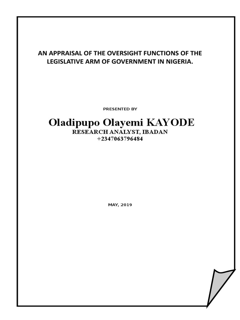 An Appraisal of The Oversight Functions of The Legislative Arm of ...