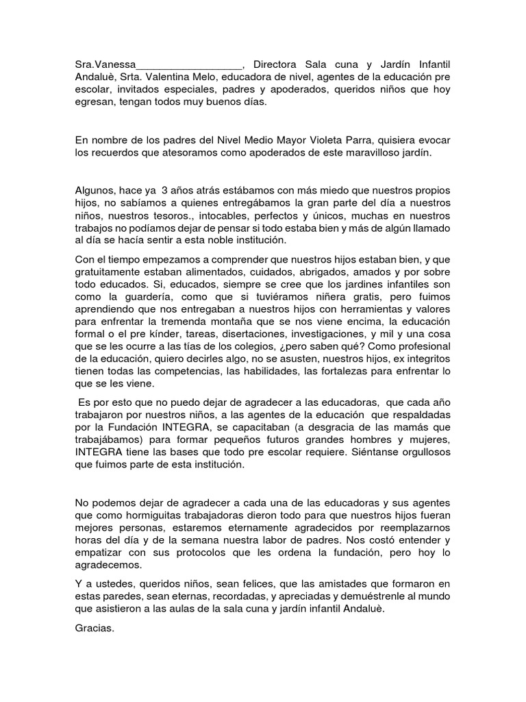 Discurso Apoderado Jardín | PDF | Educación de la primera infancia | Preescolar