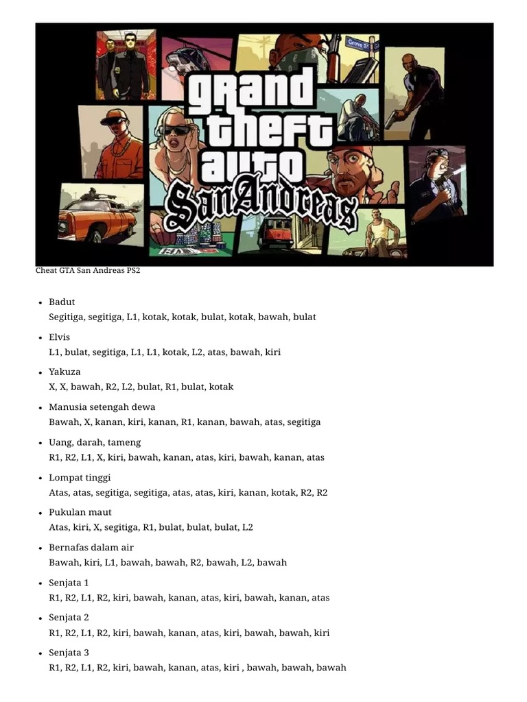 Cheat GTA Lengkap Bahasa Indonesia, Dari San Andreas Sampai GTA V - DuniaGames | PDF