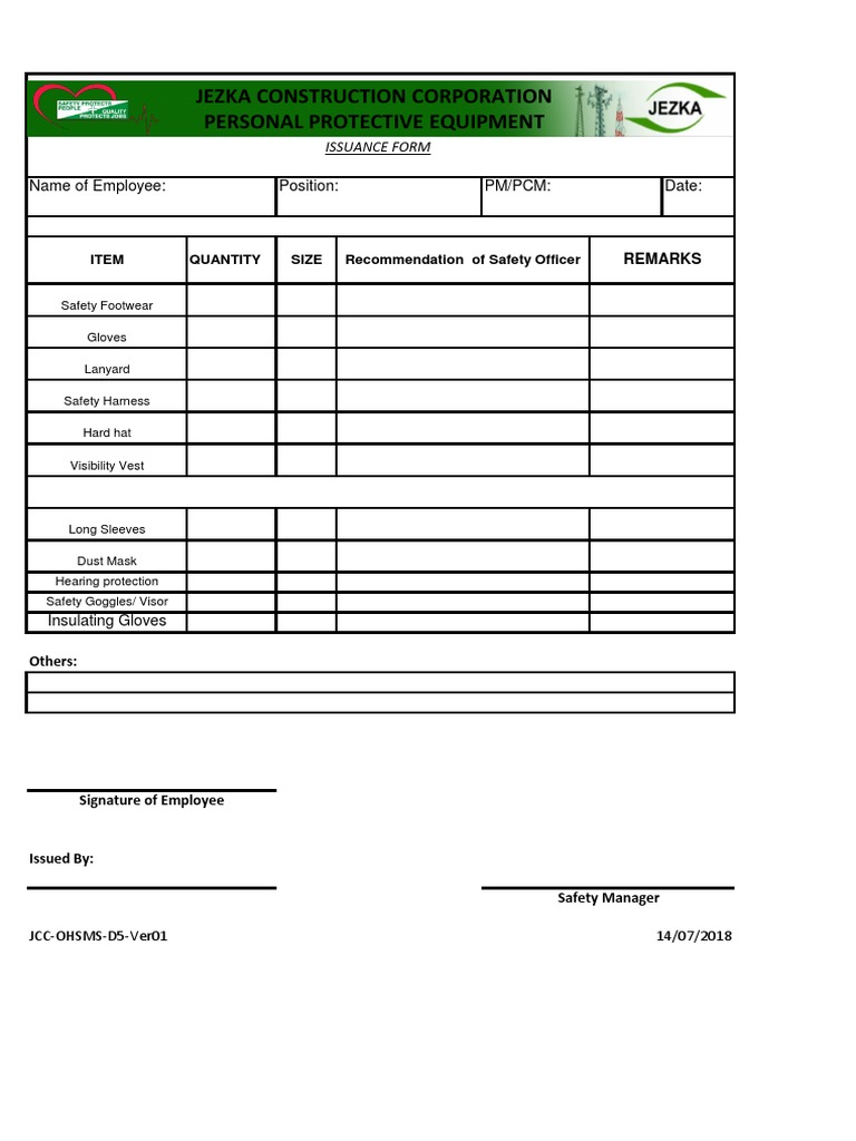 JCC Ohsms d5 v1 - Ppe Issuance Form