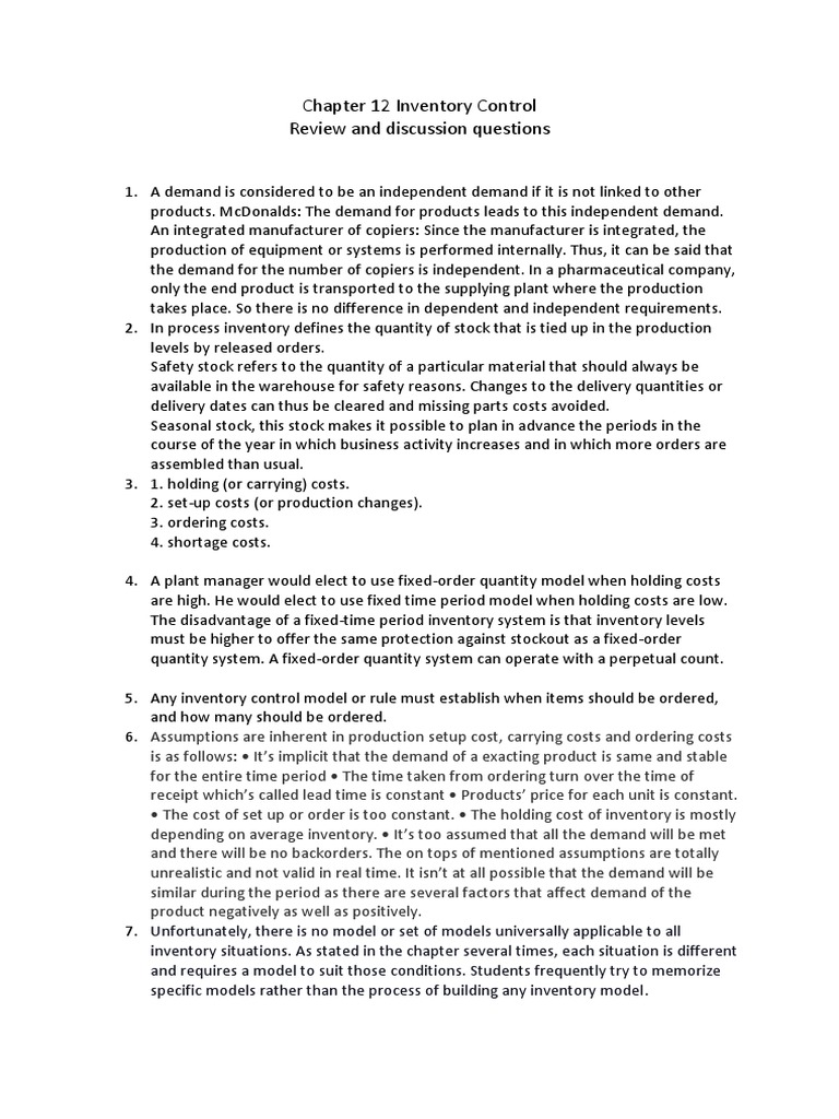 Chapter 12 Inventory Control Review and Discussion Questions | PDF | Intellectual Property ...