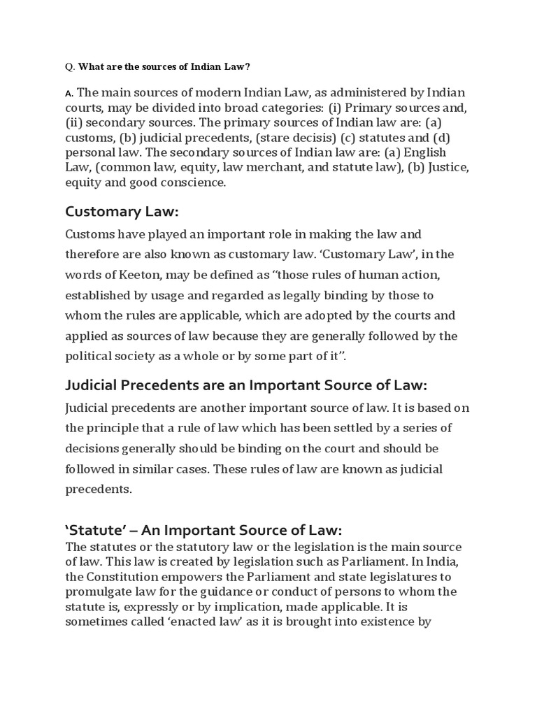 Customary Law:: Q. What Are The Sources of Indian Law? A | PDF ...