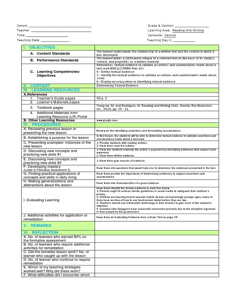 RWS11-IVac-10 Textual Evidence | PDF | Teachers | Learning