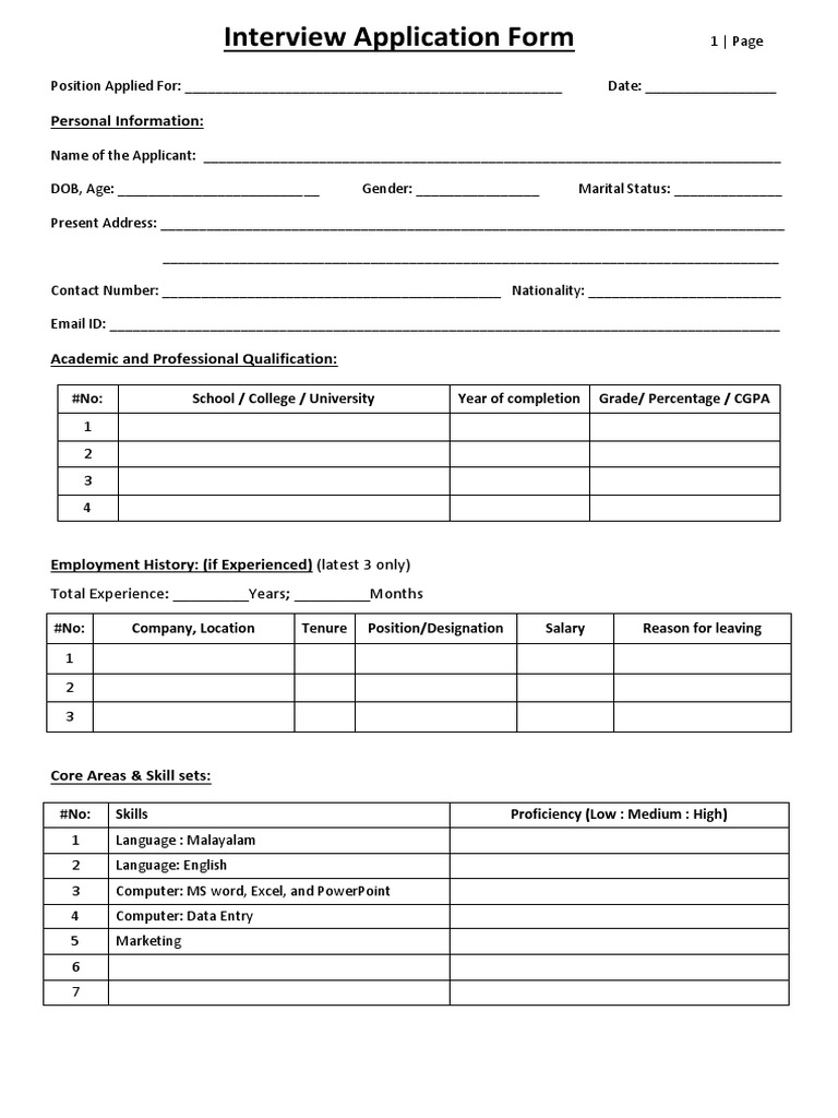 Interview Application Form Template | PDF
