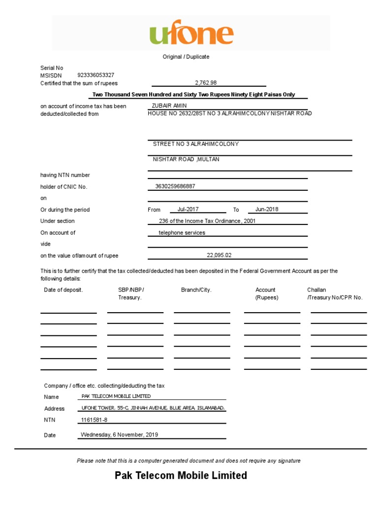 Tax Deduction Certificate for Telecom Services | PDF