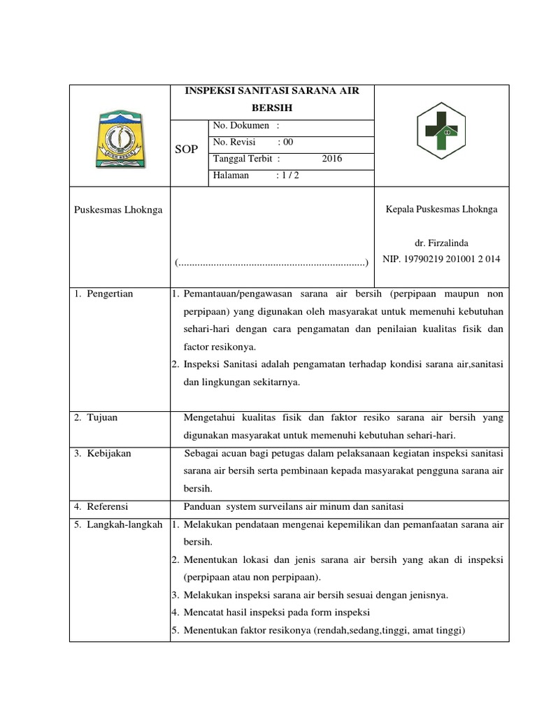 Sop Inspeksi Sanitasi Sarana Air Bersih | PDF | Pengembangan Diri | Sains & Matematika
